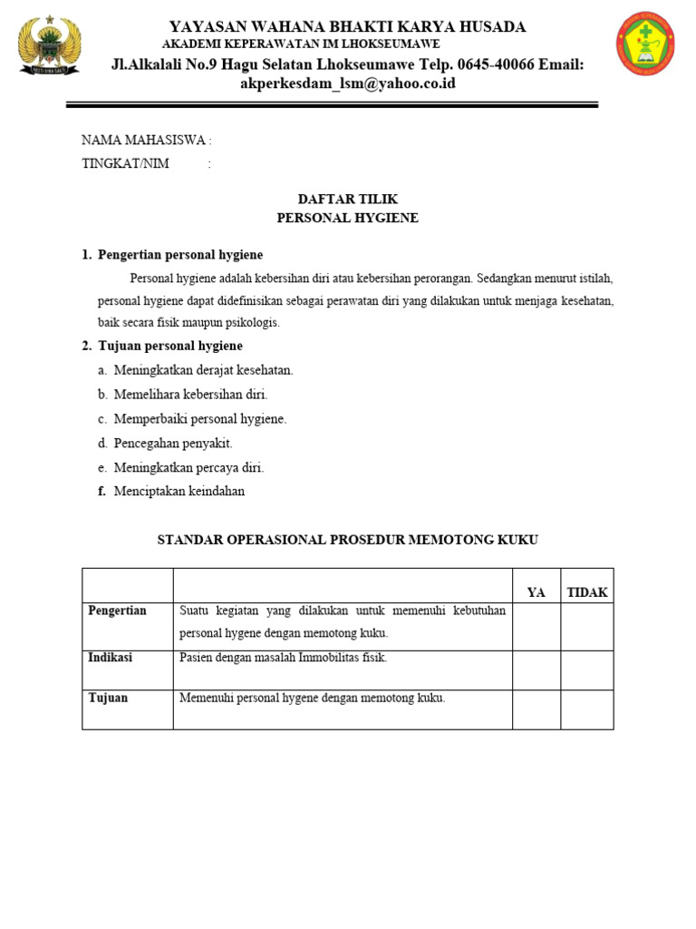 Daftar Tilik Personal Hygiene | PDF | Kesehatan Holistik