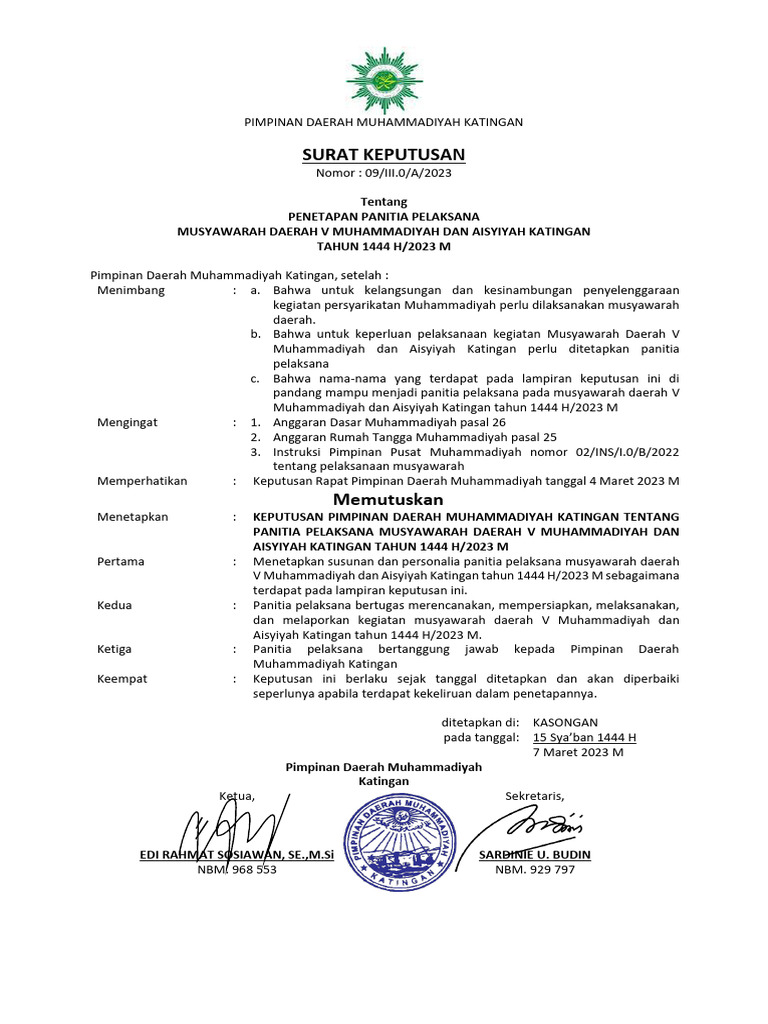 SK - Panitia Musda V Tahun 2023 | PDF