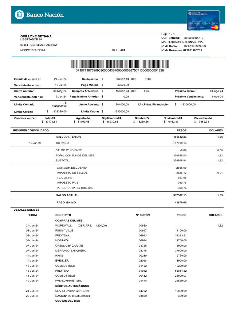 Resumen 20240627 | PDF | Tarjeta de crédito | Tarjeta de débito