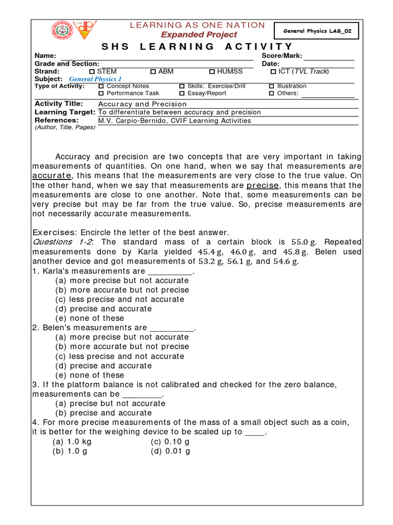 Gen Physics 1 LAS 2 Accuracy and Precision | PDF | Measurement | Accuracy And Precision