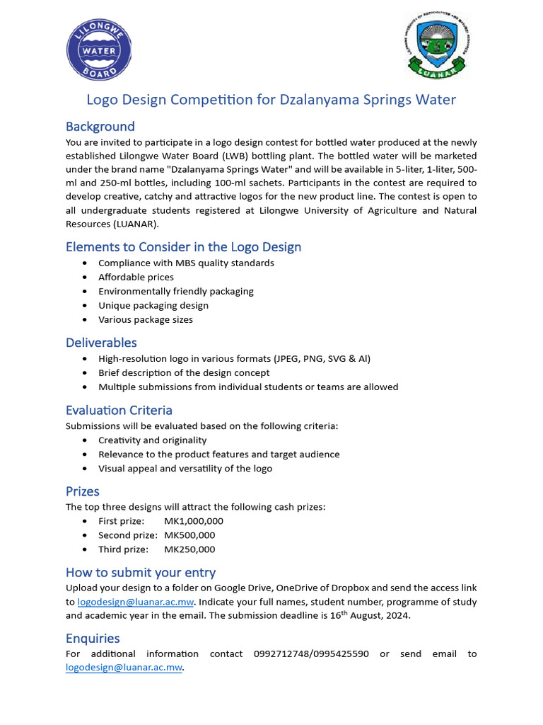 Advert - Logo Design Competition For Dzalanyama Springs Water | PDF