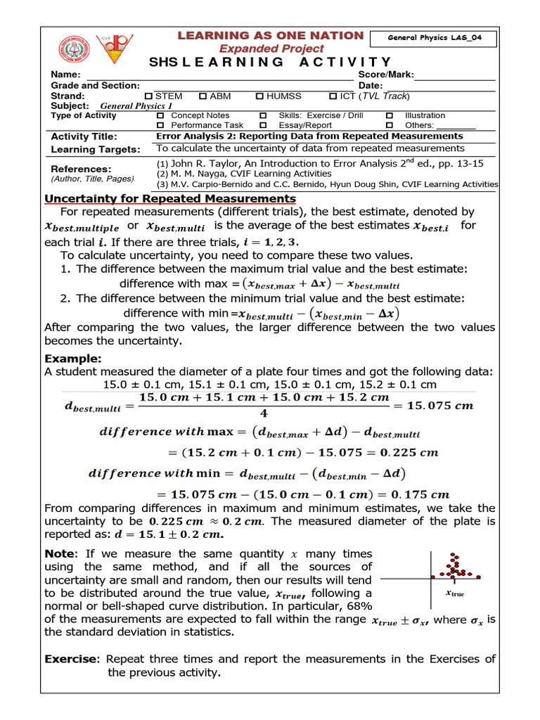 Gen Physics 1 LAS 4 Reporting Data From Repeated Measurements | PDF | Uncertainty | Estimator