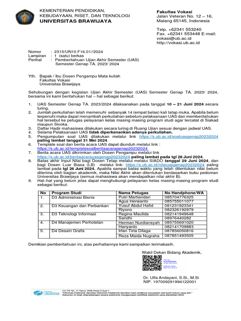 FVokasi - Surat Pemberitahuan UAS Genap 2023-2024 | PDF