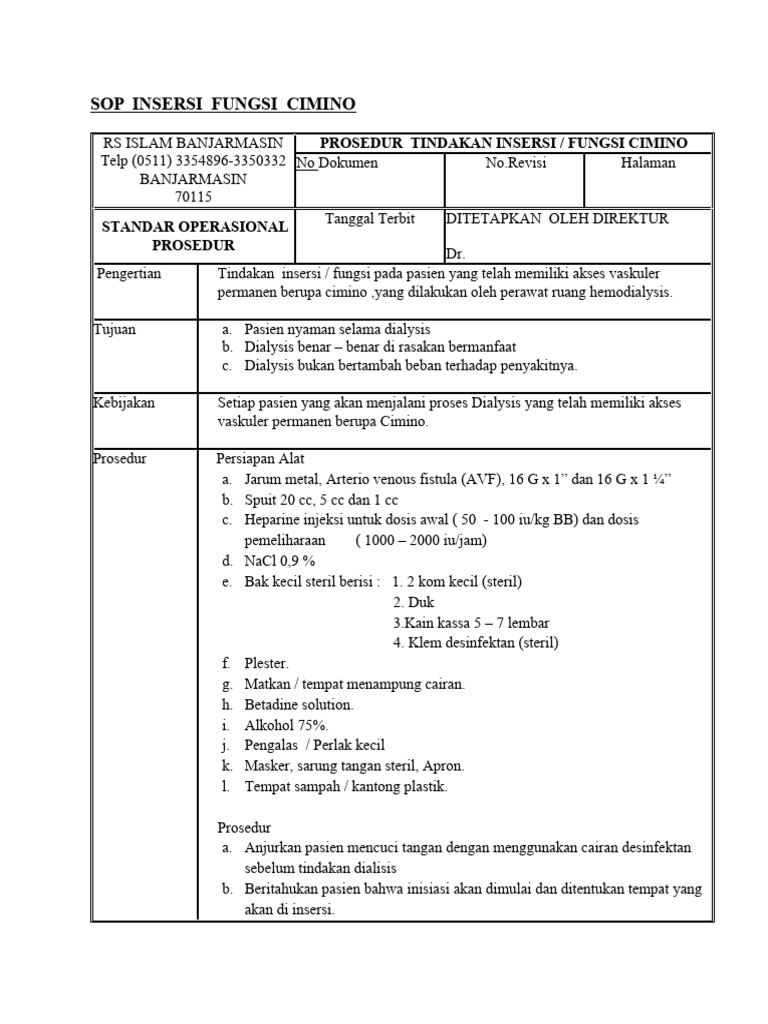 Sop Insersi Fungsi Cimino | PDF | Kesehatan Holistik