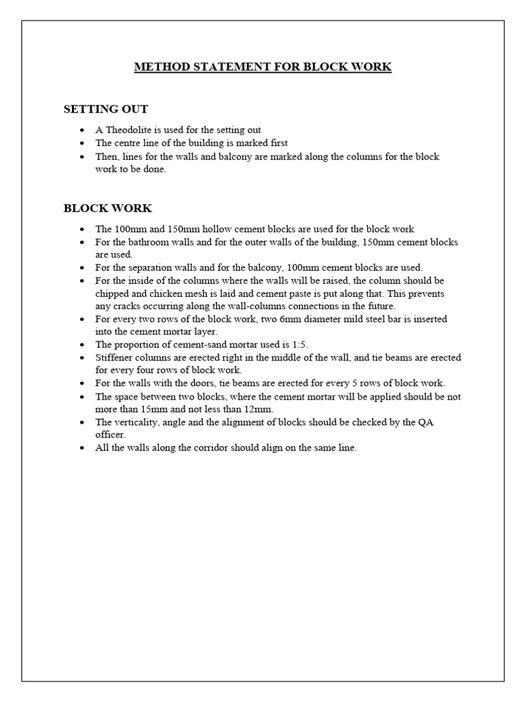 Block Work Method Statement Guide | PDF