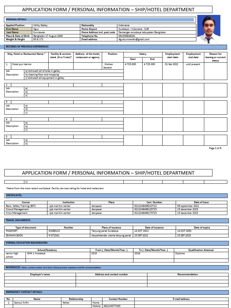 Agus Kurniawan - CV Application Form | PDF
