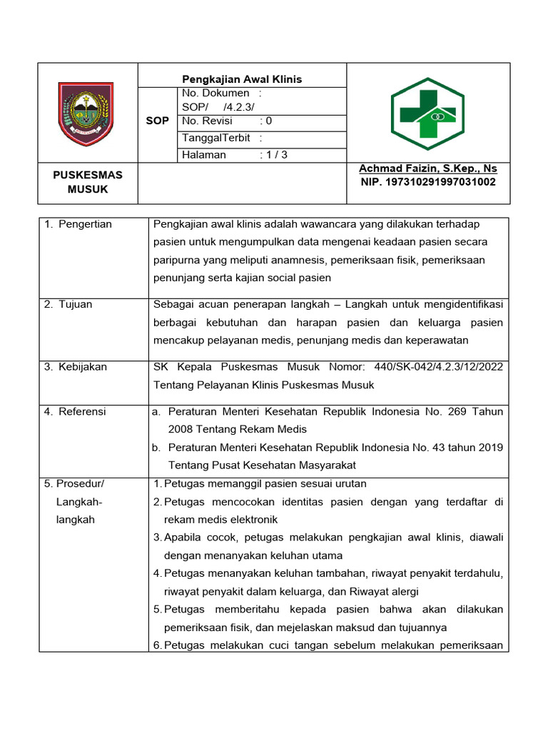 SOP Pengkajian Awal Klinis | PDF | Sains & Matematika