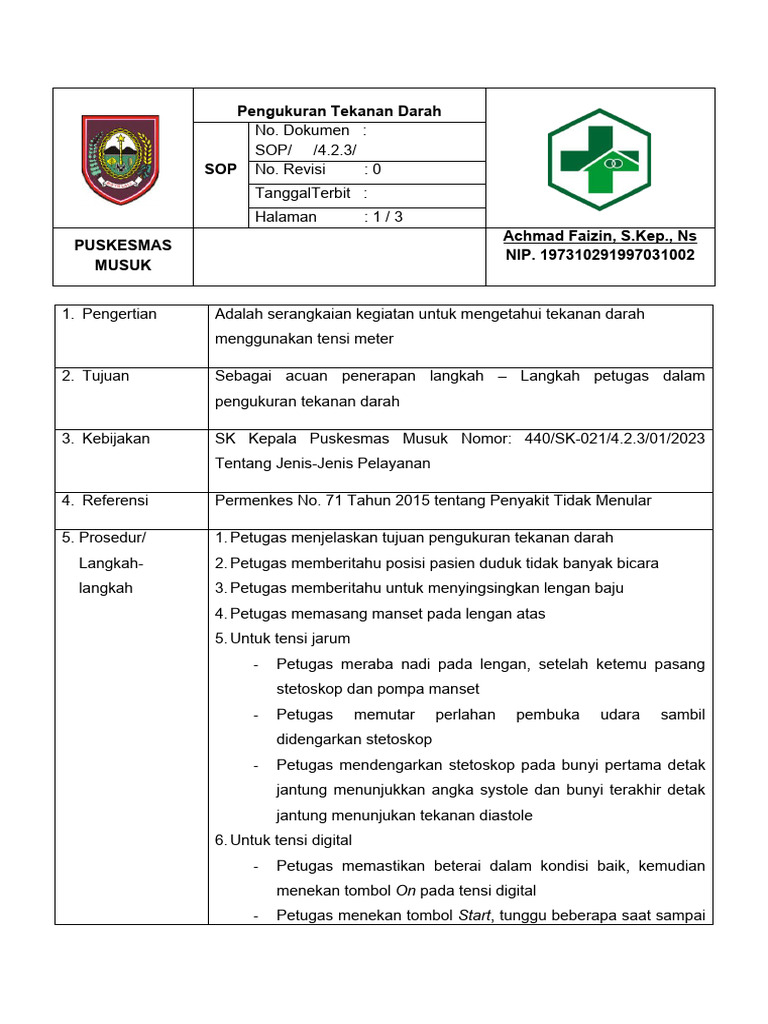 SOP Pengukuran Tekanan Darah | PDF