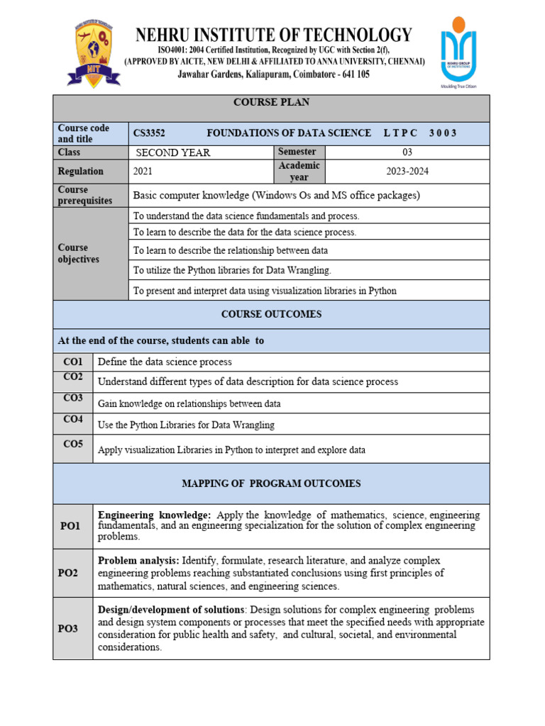 FDS Course Plan - Update | PDF | Engineering | Data Science