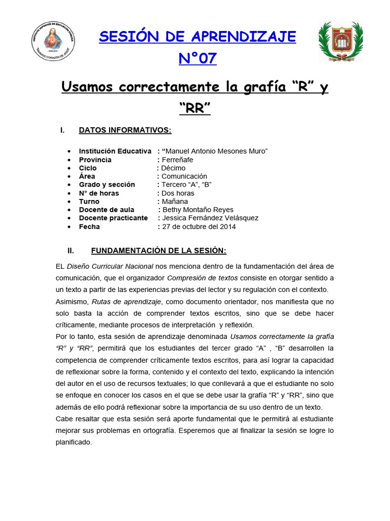 Sesion de La Grafia R Y RR | PDF | Evaluación | Aprendizaje