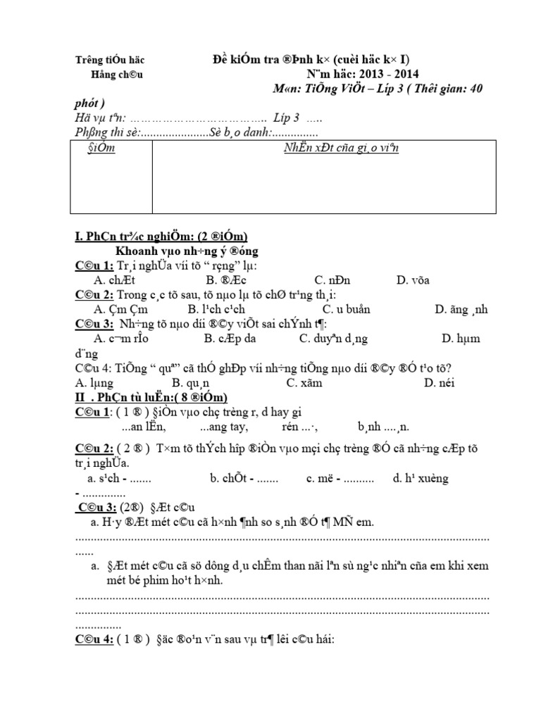 16507 1395628430 Đề KTĐK CKI - lop 3.13-14 | PDF