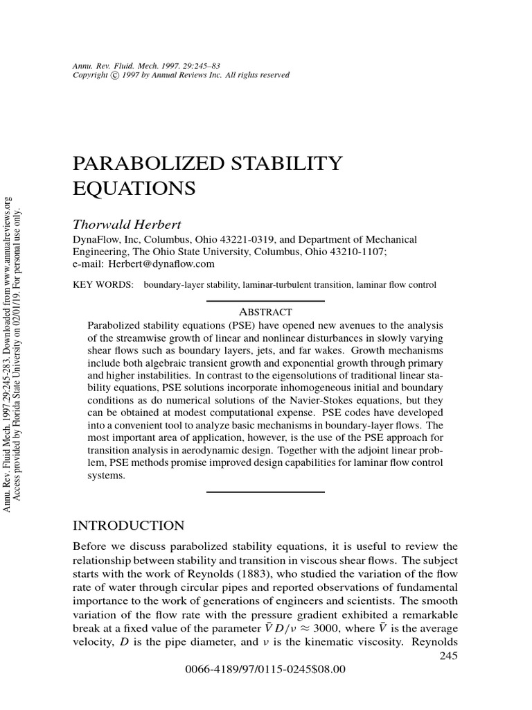Parabolized Stability Equation Annualreview Herbert 1997 | PDF | Fluid Dynamics | Boundary Layer