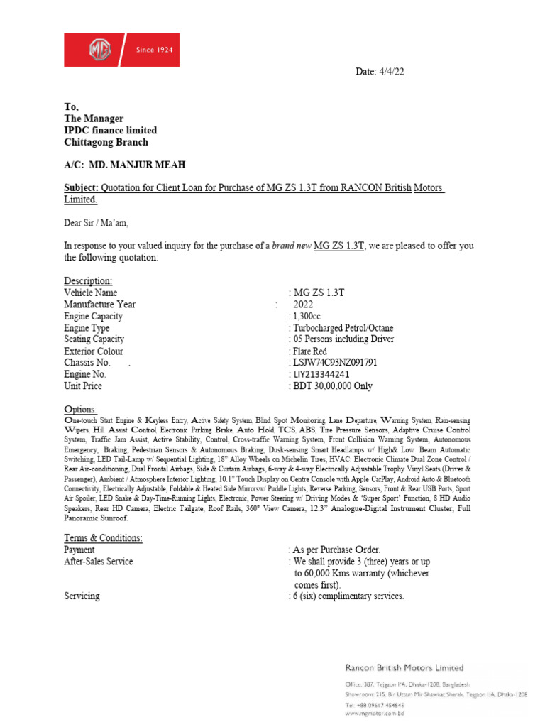 Bank Offer Letter - Md. Monjur | PDF | Automotive Technologies | Motor ...