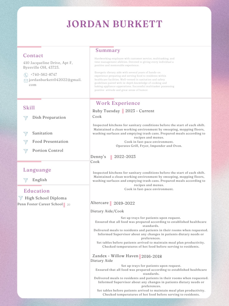 Experienced Cook and Dietary Aide Resume | PDF | Cooking | Kitchen