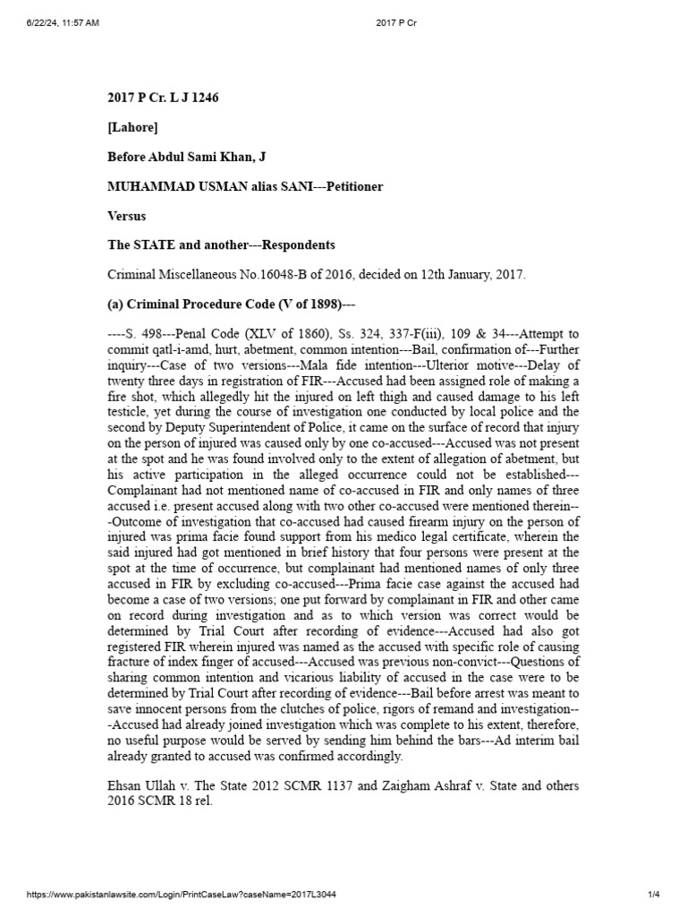 2017 P Cr. L J 1246 (Lahore) Before Abdul Sami Khan, J MUHAMMAD USMAN ...