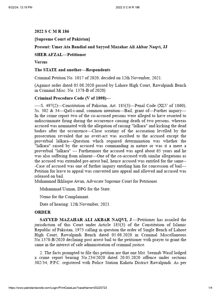 2022 S C M R 186 | PDF | Bail | Public Law