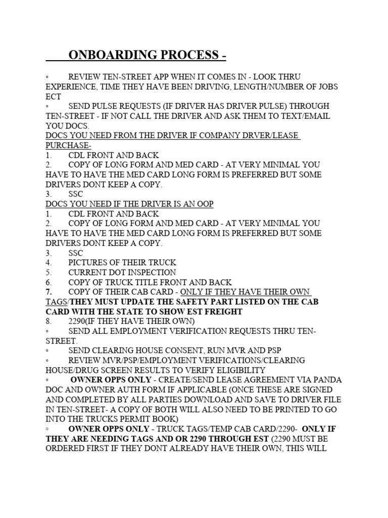 Onboarding Process | PDF | Truck