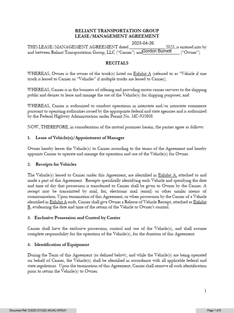 Reliant Lease Agreement - Gordon - Anthony - Burnett | PDF | Common ...