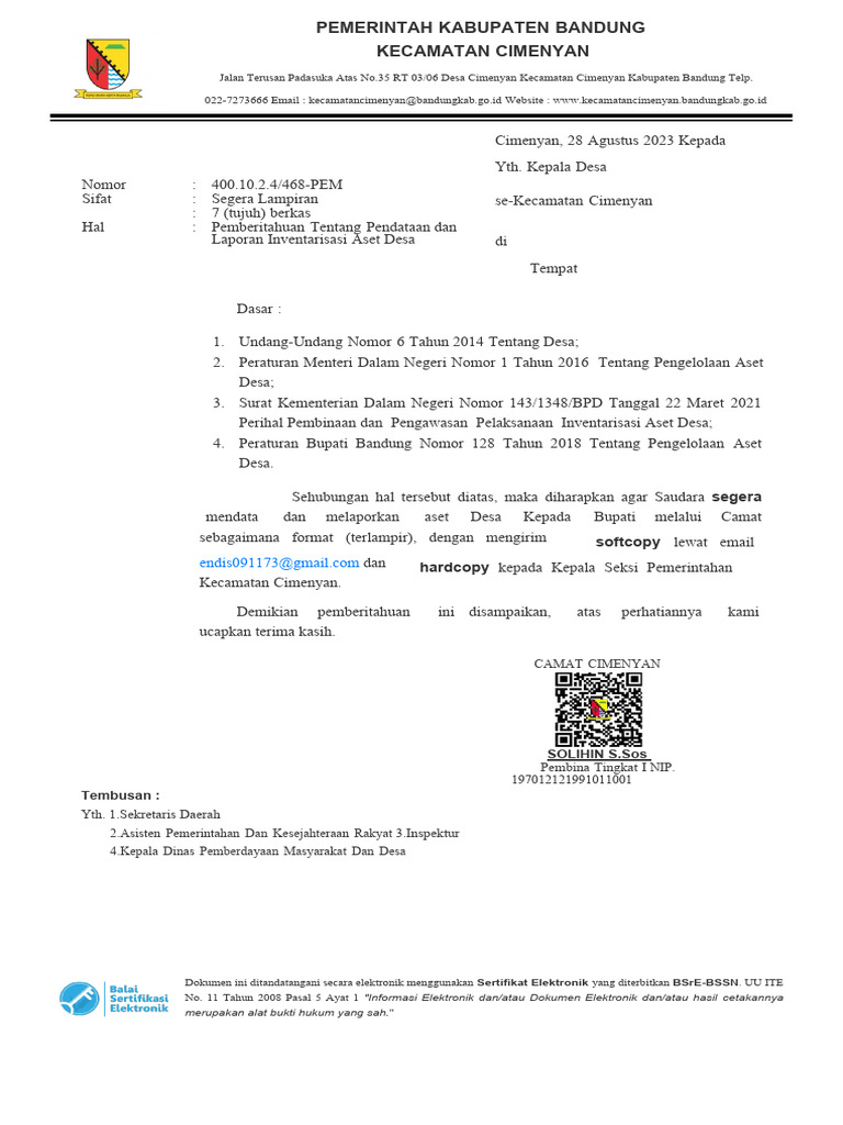 Surat Pemberitahuan TTG Laporan Dan Pendataan Aset Desa | PDF