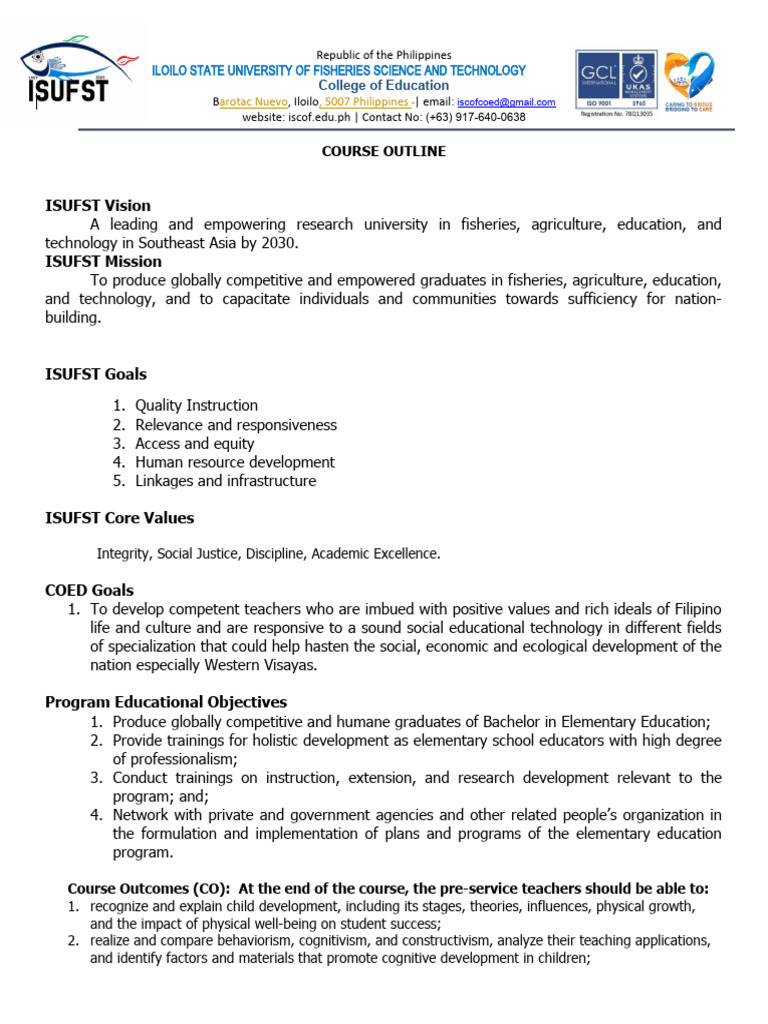 Course Outline in PED 1101 BSED 1 | PDF | Learning | Teachers