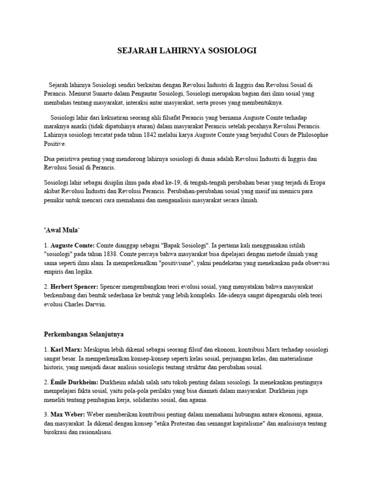 Sejarah Lahirnya Sosiologi | PDF
