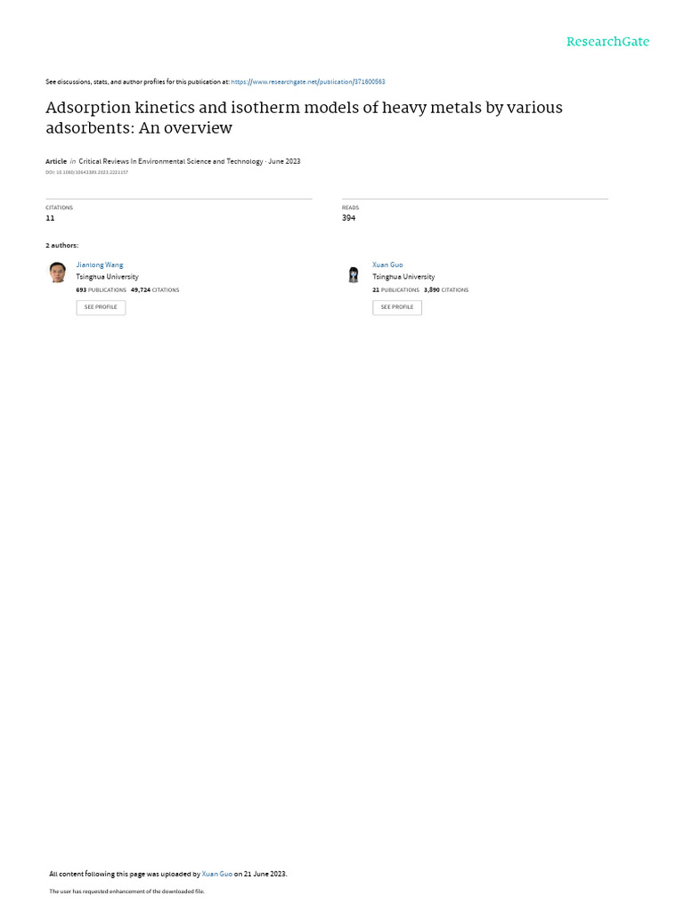 Adsorption Kinetics and Isotherm Models of Heavy Metals by Various ...
