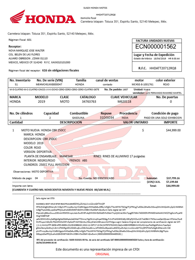 Factura Honda CBR 250 | PDF | Tecnología de vehículos | Vehículos