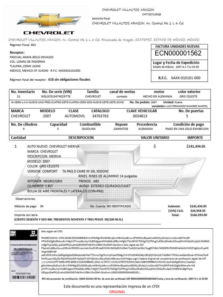 Factura Chevrolet Meriva | PDF | Sedanes | Coche