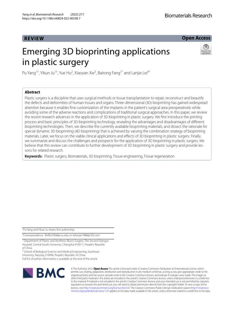 Emerging 3d Printing Applications In Plastic Surgery Pdf Tissue Engineering Biopolymer