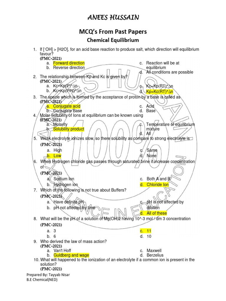 MCQ(Chapter#6 Xi Answers) 2 | PDF | Chemical Equilibrium | Ph