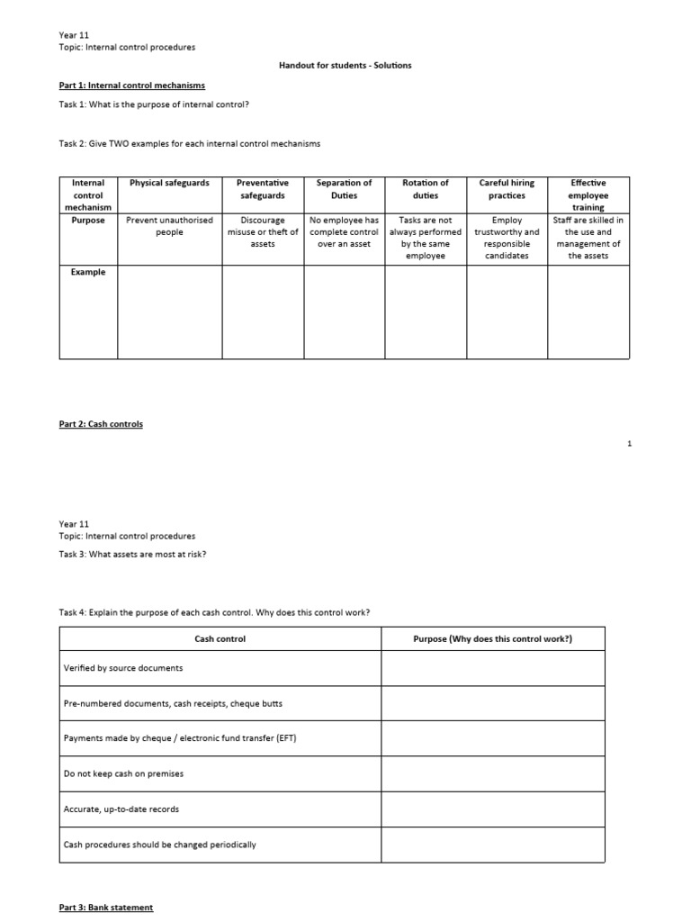 Year 11 - Internal Control Procedures - Handout | PDF | Banks | Cheque