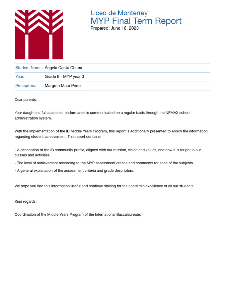 MYP Final Term Report Grade 8 - MYP Year 3 Cantú Chapa Ángela 2023-06 ...