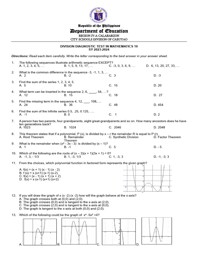 Division Diagnostic Test in Grade10 2023 2024 | PDF | Circle | Percentile
