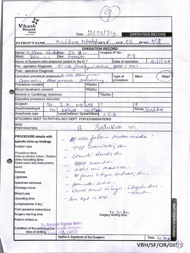 OT Notes of Craniotomy | PDF