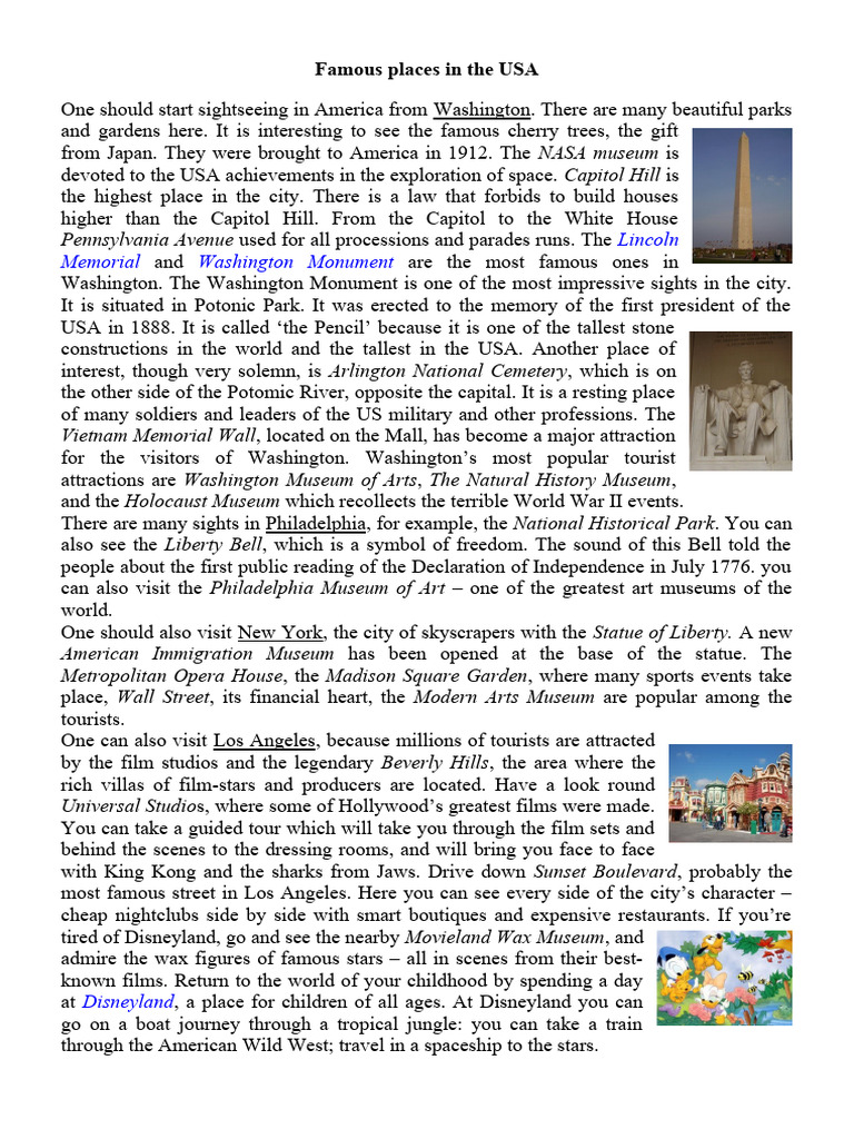 Famous Places in The Usa Reading Comprehension Exercises - 64295 | PDF ...