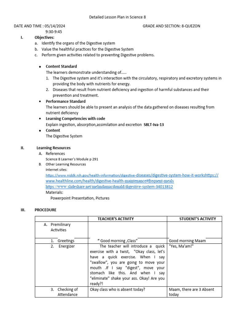Detailed Lesson Plan in Science 8 | PDF | Digestion | Gastrointestinal ...
