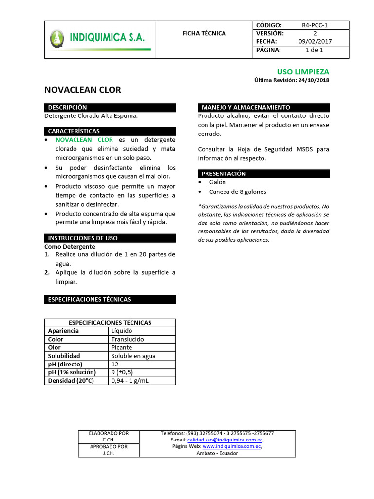 FICHA TECNICA-Novaclean-Clor | PDF | Detergente | Agua