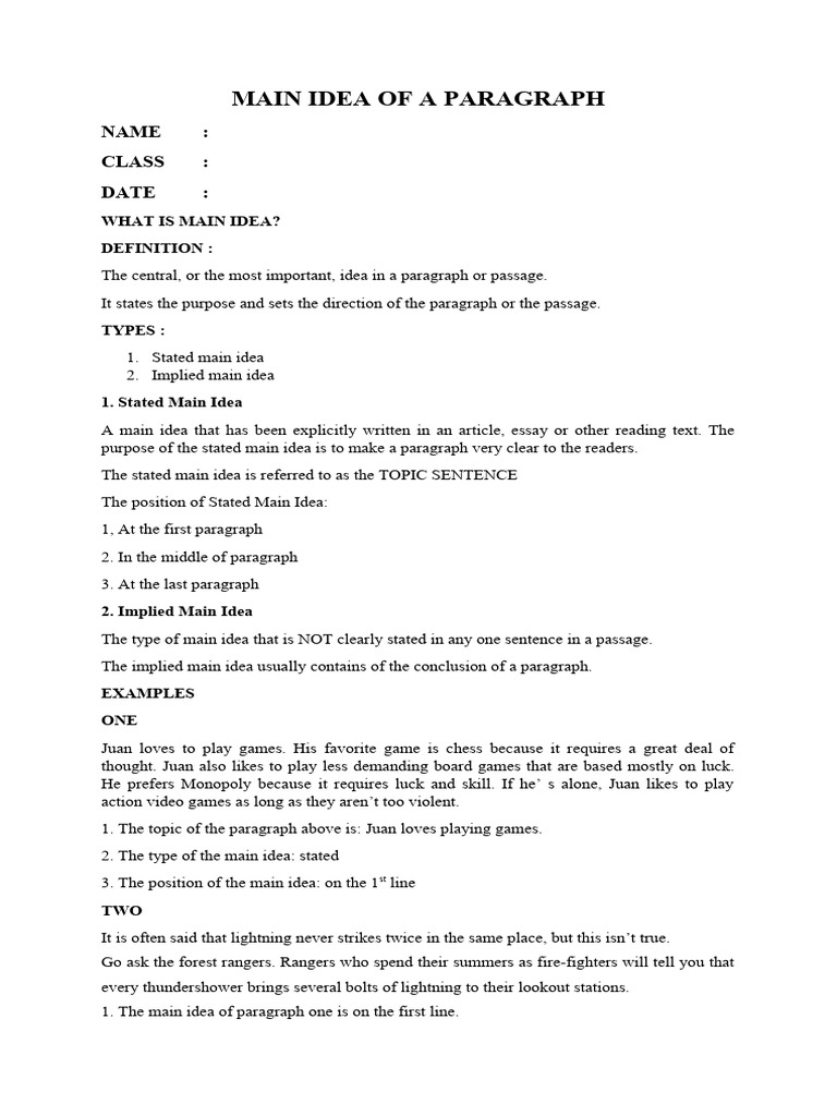 Main Idea of A Paragraph Grade 8 | PDF | Psychology