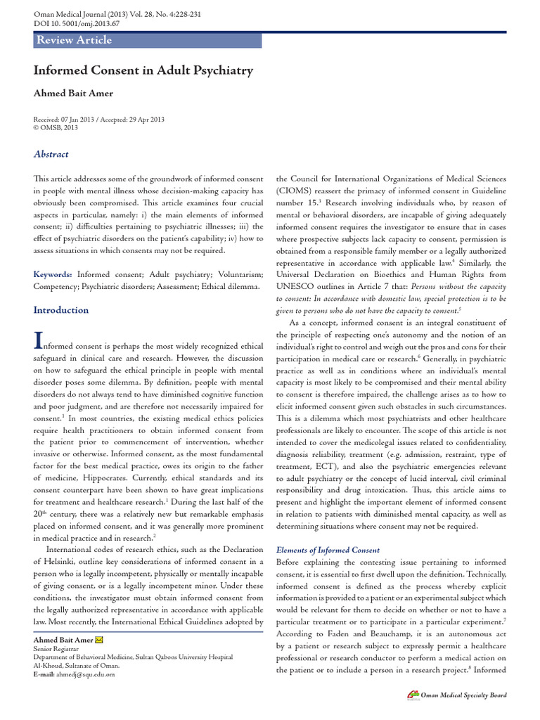 Informed Consent in Adult Psychiatry: Review Article | PDF | Informed Consent | Psychiatry
