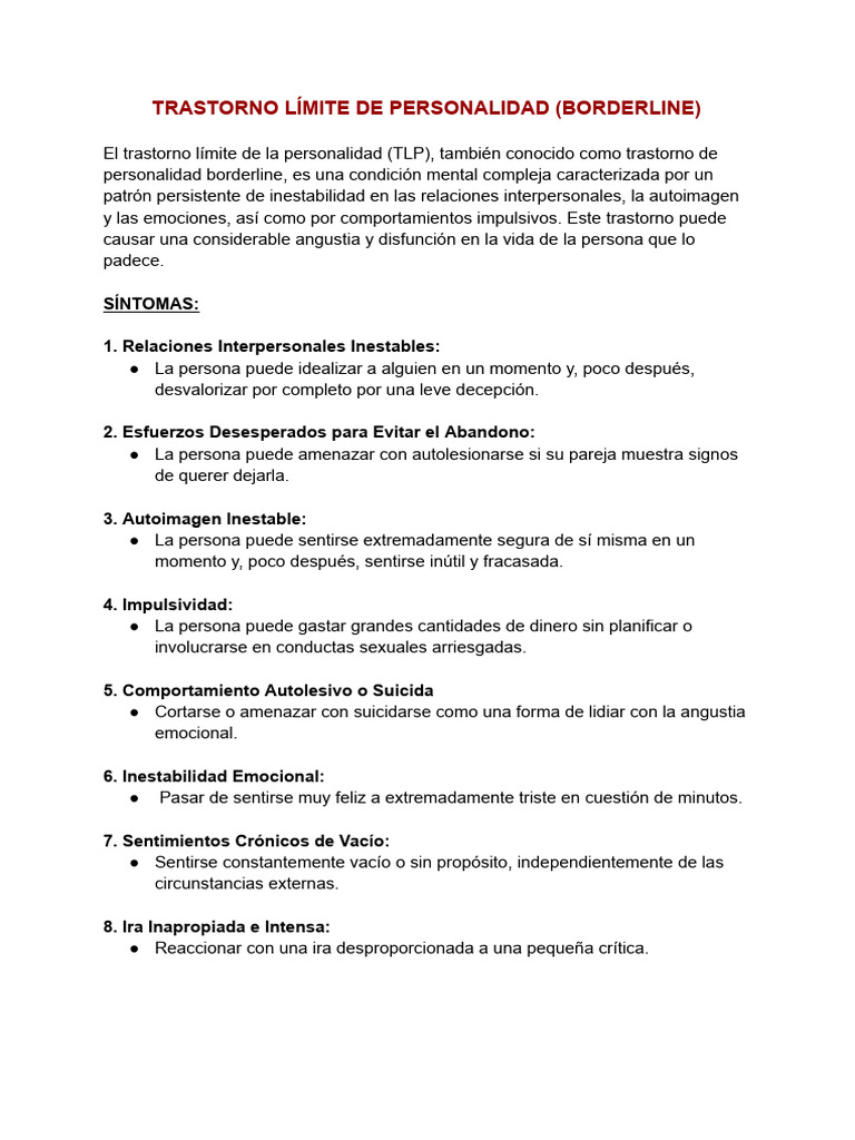 Trastorno Límite de Personalidad: Síntomas y Diagnóstico | PDF | Salud ...
