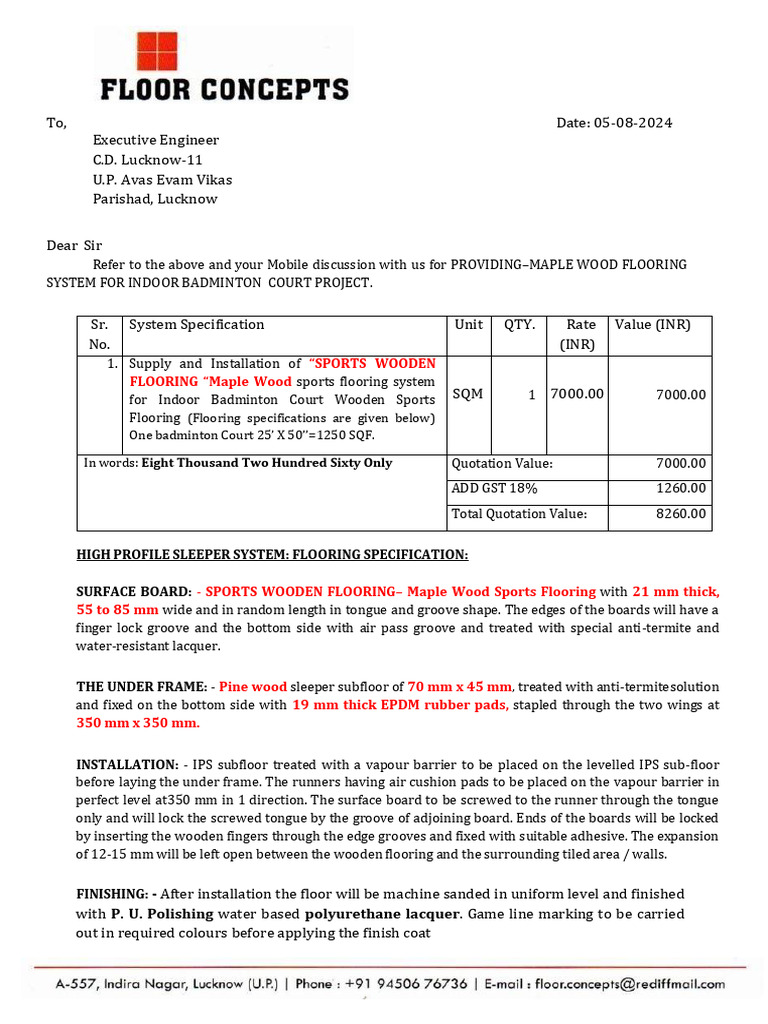 Quotation For Badminton Court Maple Wood | PDF | Building Engineering ...