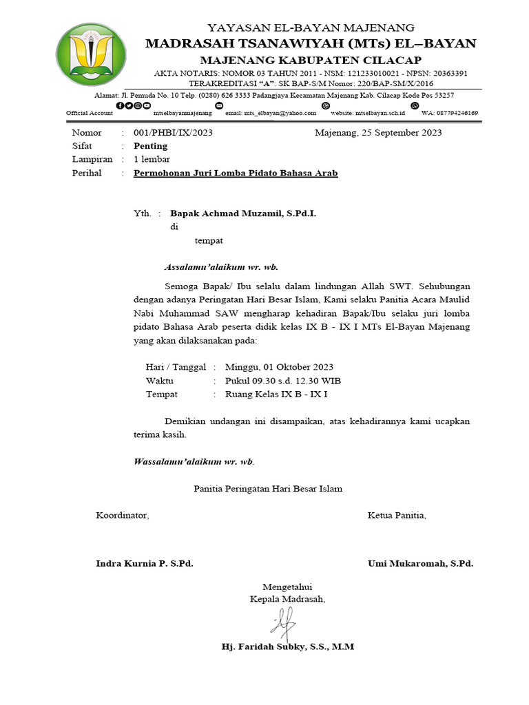 Undangan Juri Lomba Maulid MTs El-Bayan | PDF