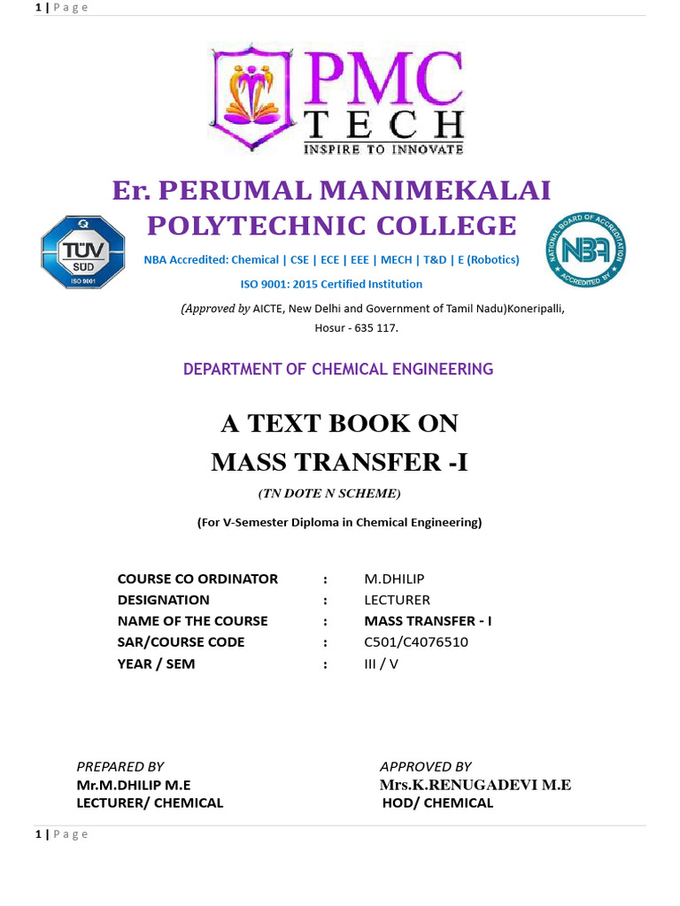 Mass Transfer 1 Book by Dhilip M | PDF | Diffusion | Distillation