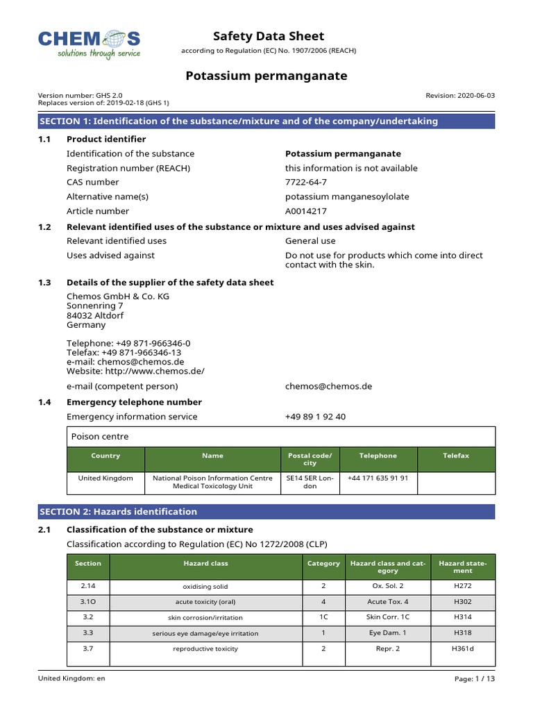 [MSDS] Potassium Permanganat | PDF | Firefighting | Toxicity