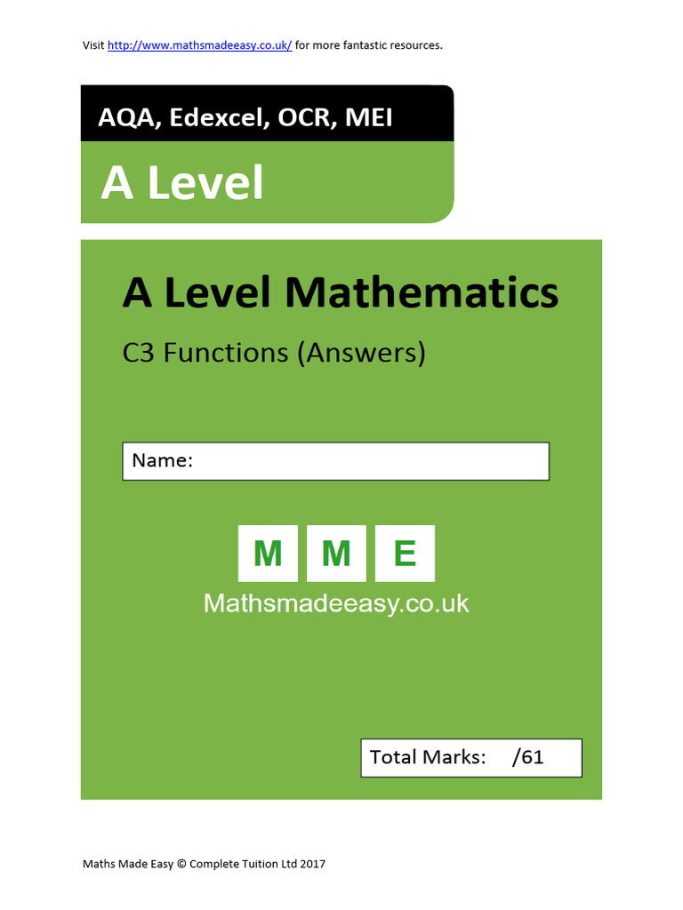 C3-A-Level-Maths-Functions-Answers | PDF | Function (Mathematics) | Algebra