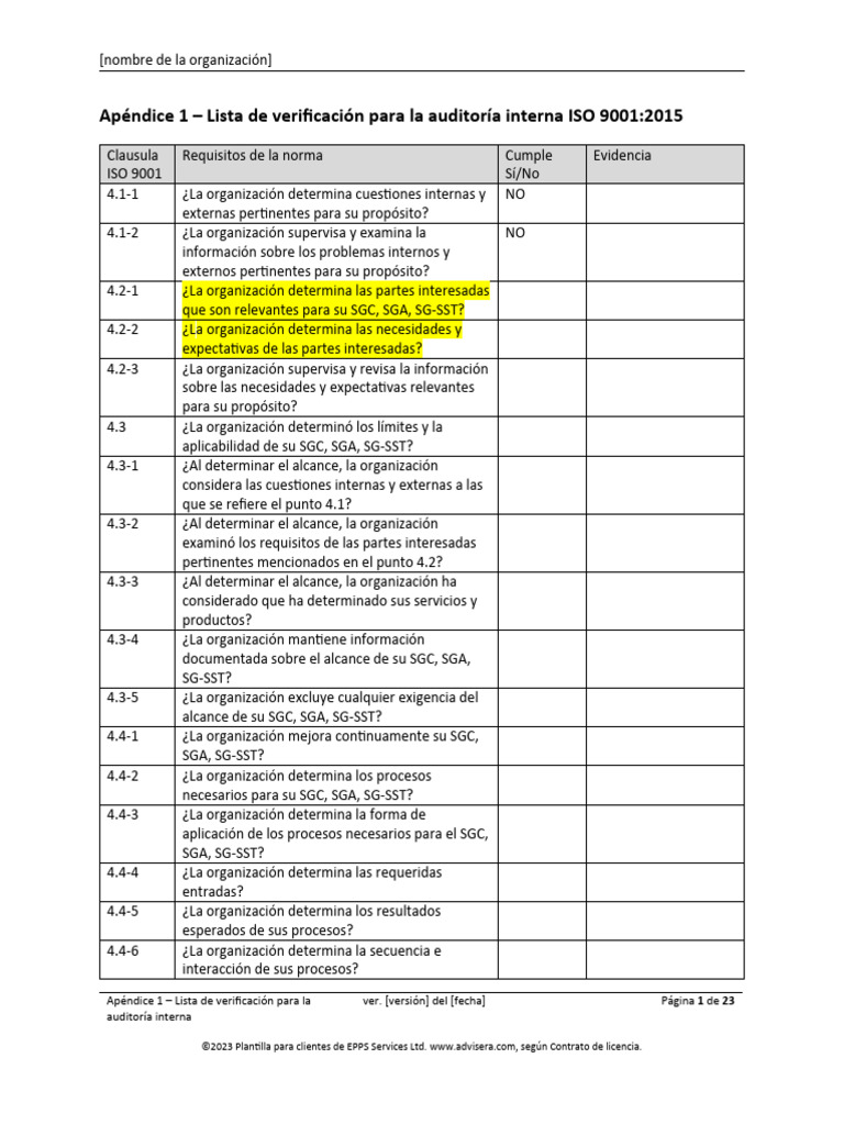 1.2 2 Lista Verificacion Auditoria Interna ISO 9001-2015 | PDF ...