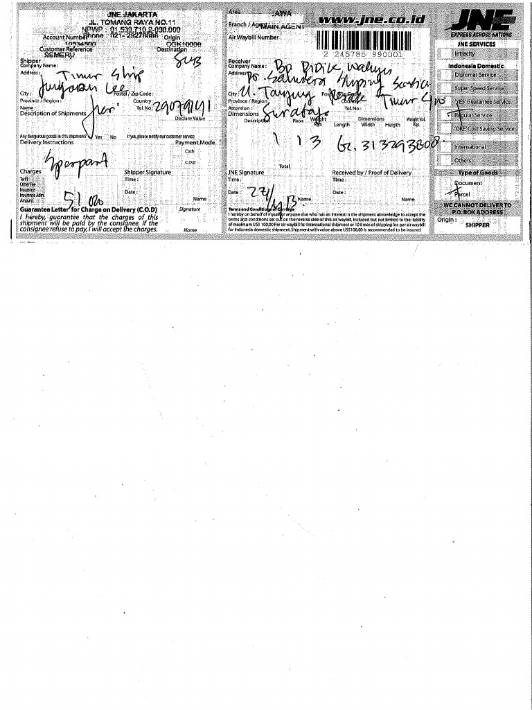 AWB JNE SINAR AGRA To SURABAYA | PDF