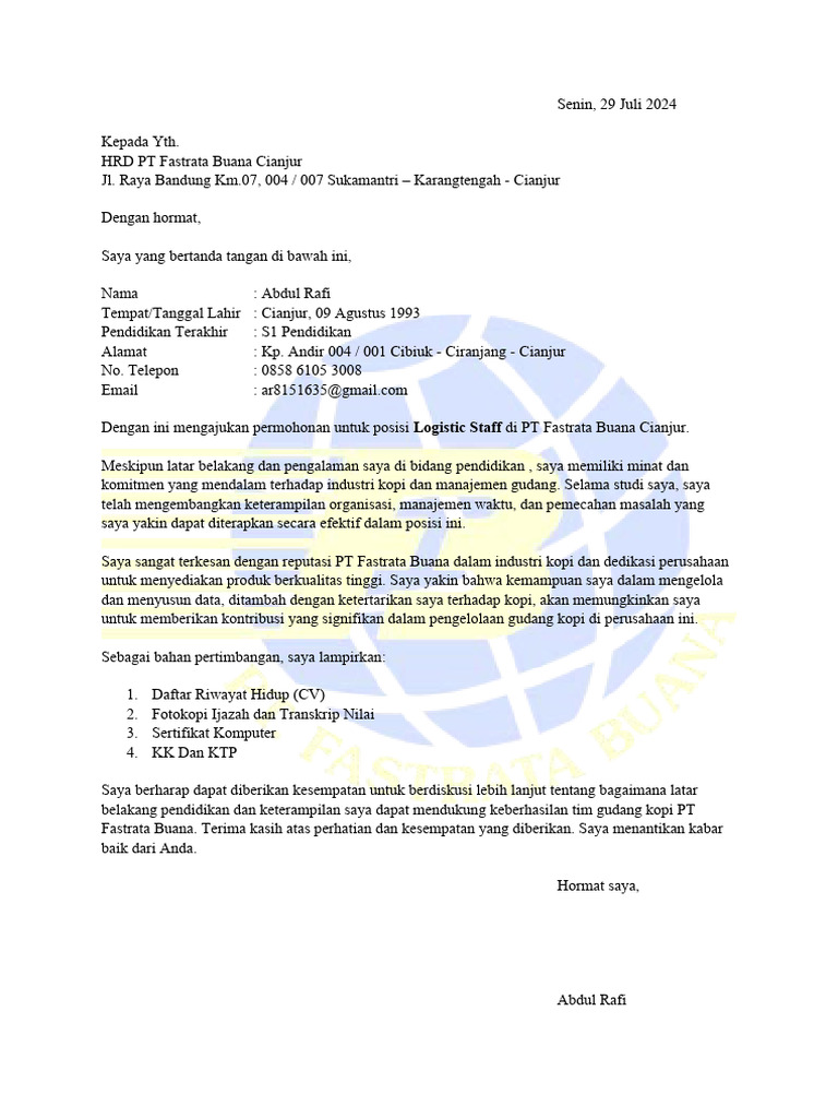 Surat Lamaran Fastrata Buana | PDF