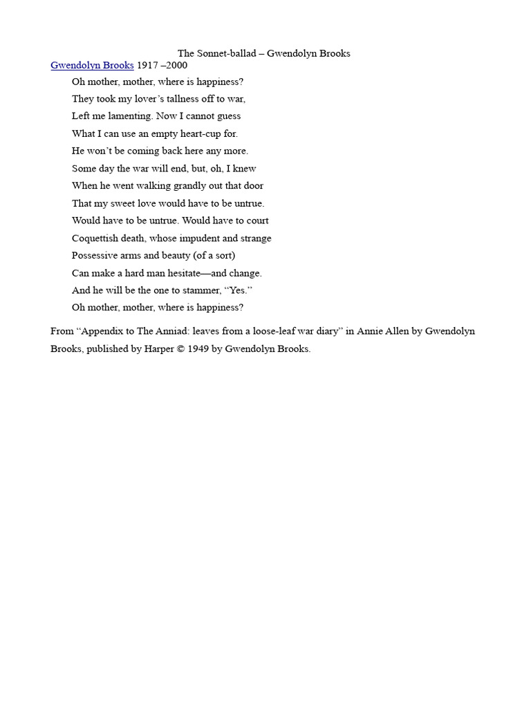 The Sonnet-Ballad - Gwendolyn Brooks | PDF