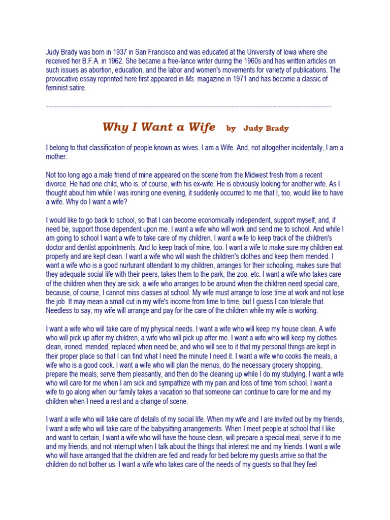 Why I Want A Wife - Judy Brady | PDF